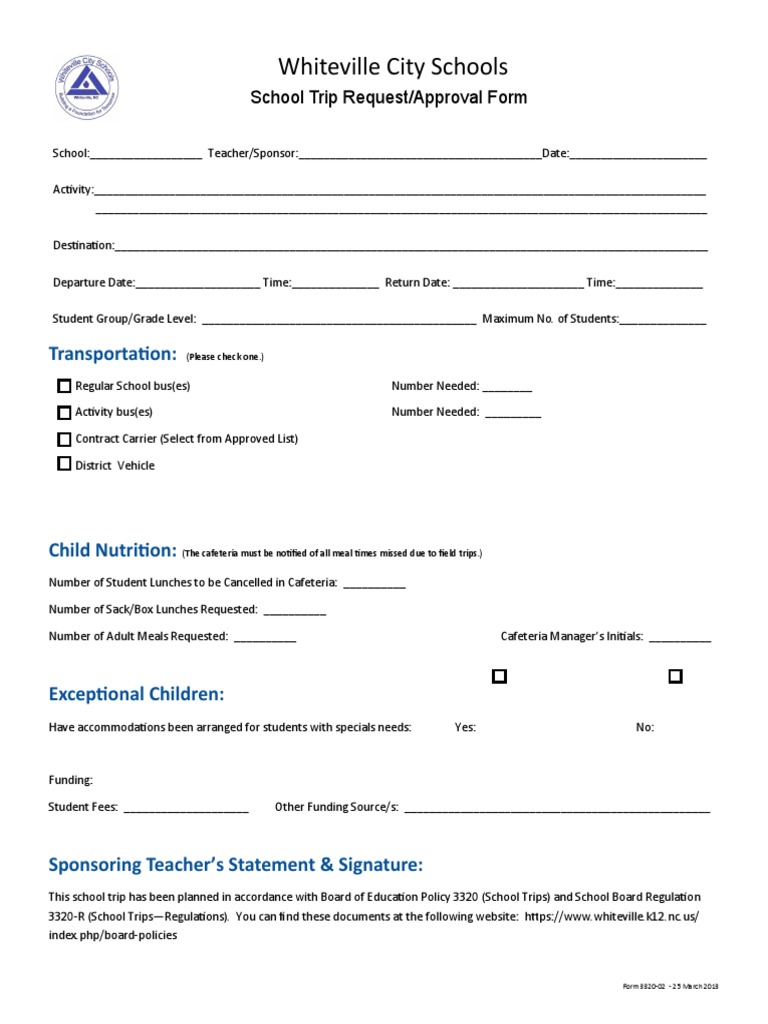 WCS School Field Trip Request Approval Form Revised November 2022 PDF | PDF