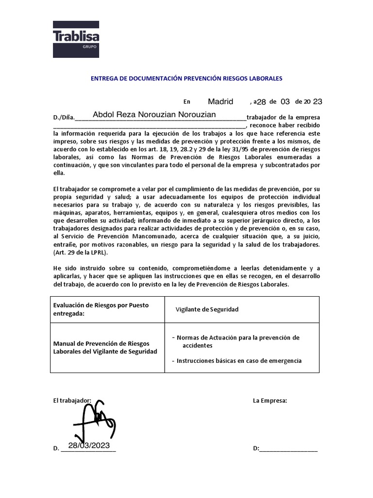 Recibí ENTREGA DE DOCUMENTACIÓN PREVENCIÓN RIESGOS LABORALES VS | PDF