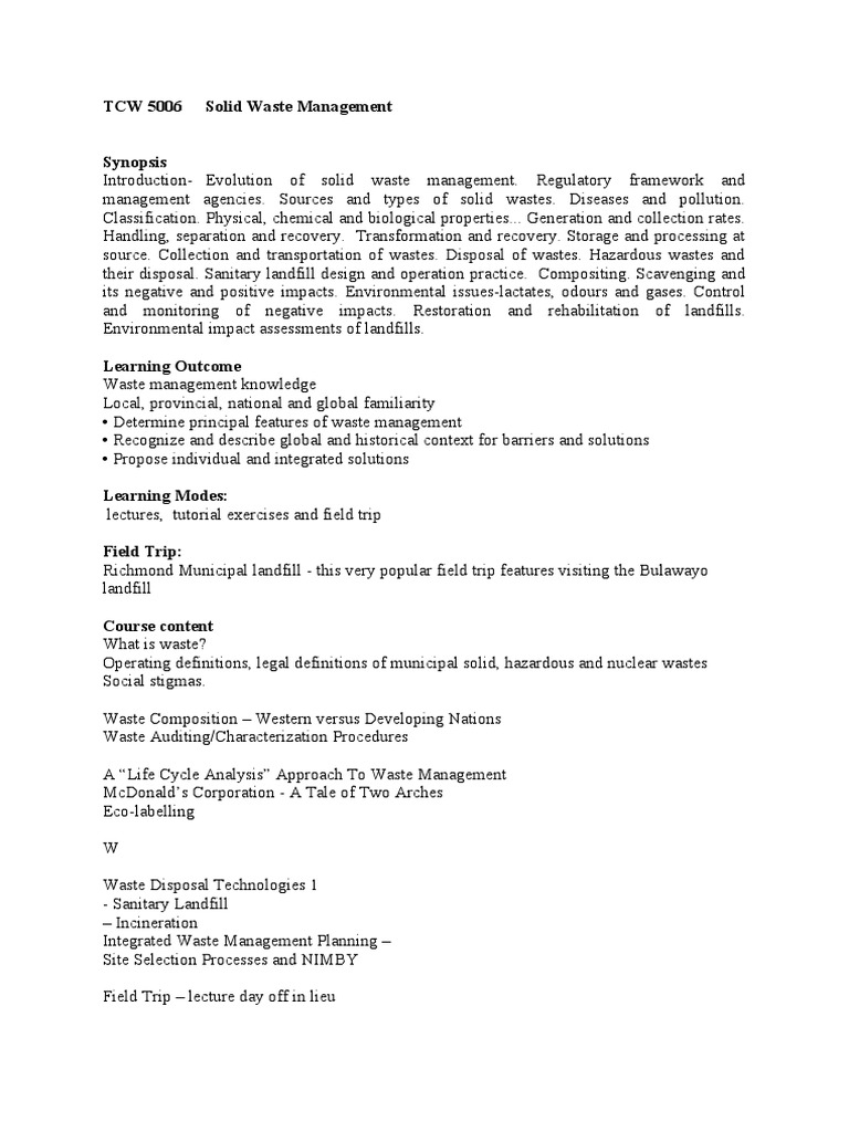 TCW 5006 Solid Waste Management - Course Otline | PDF | Waste | Waste ...