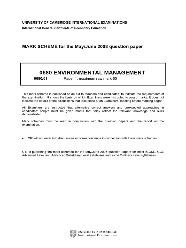 0680 Environmental Management: MARK SCHEME For The May/June 2008 ...
