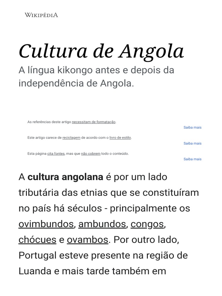 Cultura de Angola - Wikipédia, A Enciclopédia Livre | PDF | Angola
