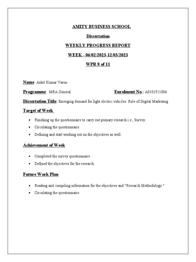 Amity Business School Dissertation Weekly Progress Report WEEK - 06/02 ...