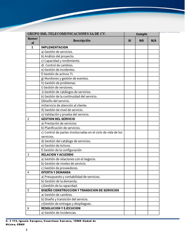 Check List de Operación Grupo SML Telecomunicaciones Sa de Cv. Cumple Numer Al Descripción SI NO ...