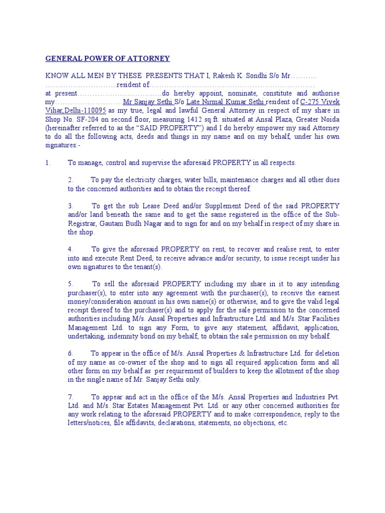 General Power of Attorney | PDF | Power Of Attorney | Deed