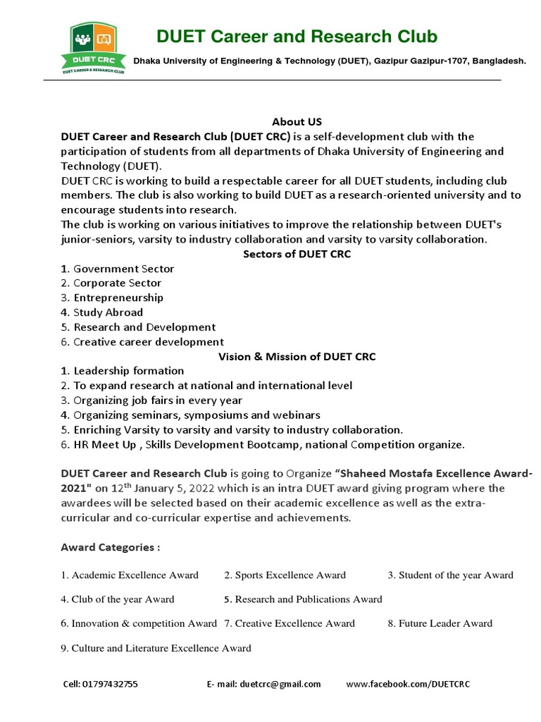 About US DUET Career and Research Club (DUET CRC) Is A Self-Development ...