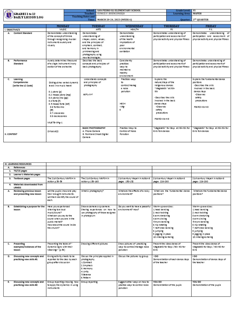 DLL - Mapeh 6 - Q3 - W6 | Download Free PDF | Physical Education | Dances