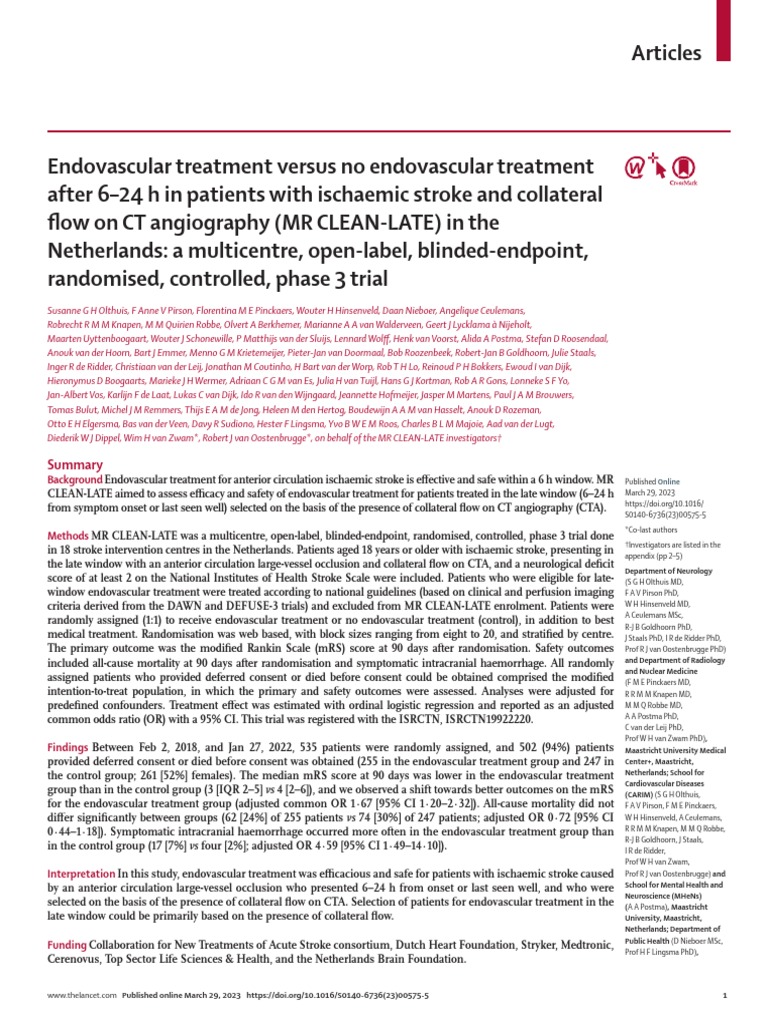 MR Clean Late Lancet | PDF | Interventional Radiology | Stroke