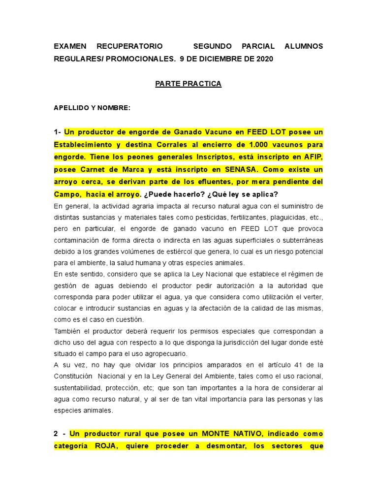 Examen Recuperatorio Segundo Parcial Alumnos Regulares | PDF | Caza | Entorno natural