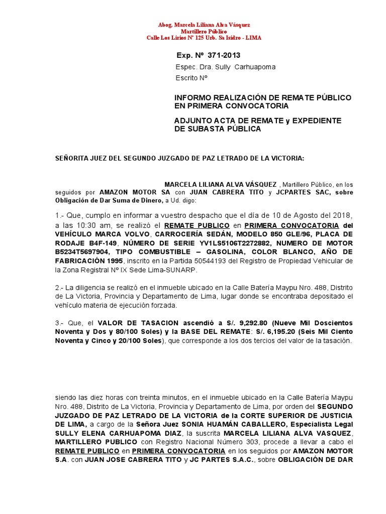 Acta de Remate Con Postor | PDF | Lima | Justicia