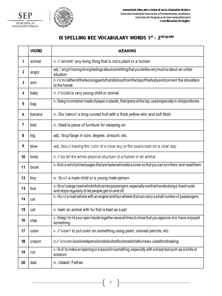 SPELLING BEE 2017 - 1st-2nd Grade (ZONA) | PDF | Foreign Language Studies