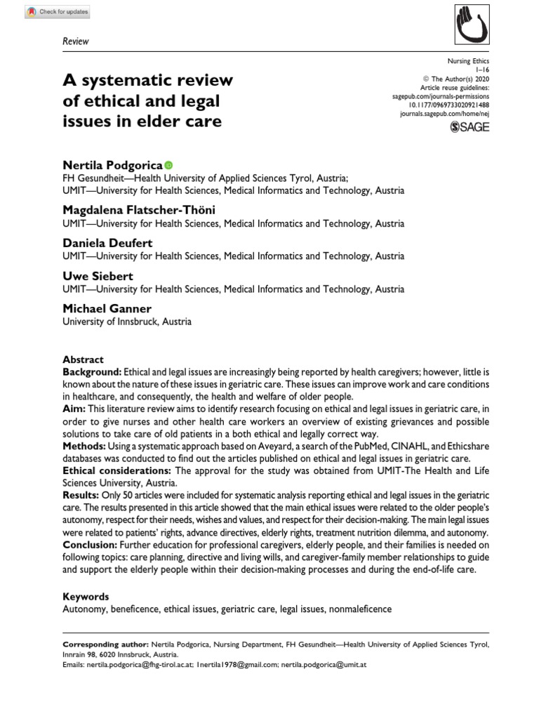 A Systematic Review of Ethical and Legal Issues in Elder Care | PDF | Medical Ethics | Autonomy