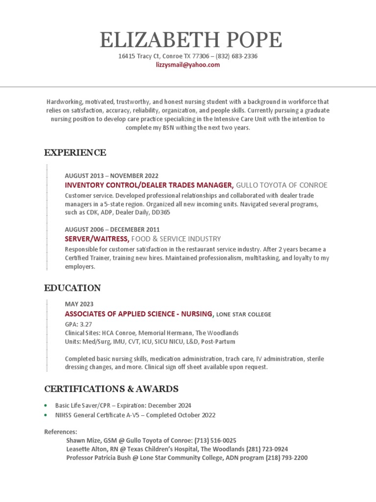 Elizabeth Pope: Experience | PDF