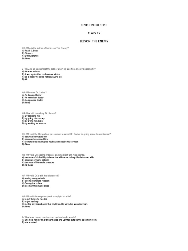 A Doctor's Duty: Analyzing the Character of Dr. Sadao in 'The Enemy' | PDF