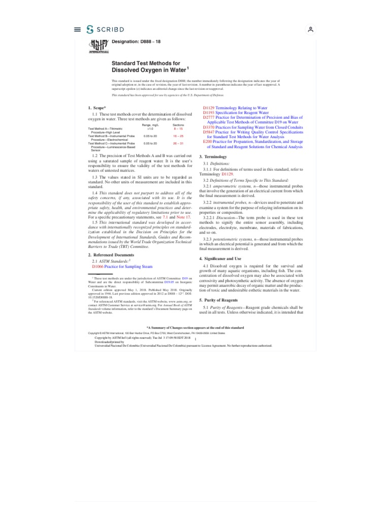 Astm D888-18 Oxigeno Disuelto - PDF - Titration - Chemistry | PDF