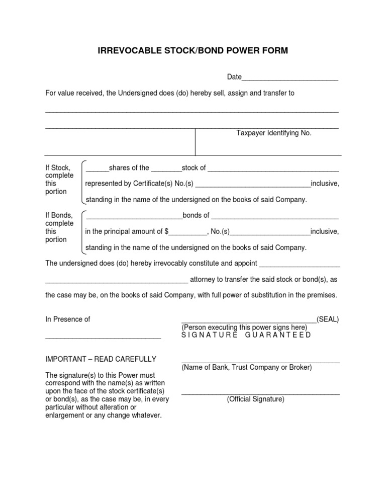 Irrevocable Stock/Bond Power Form | PDF