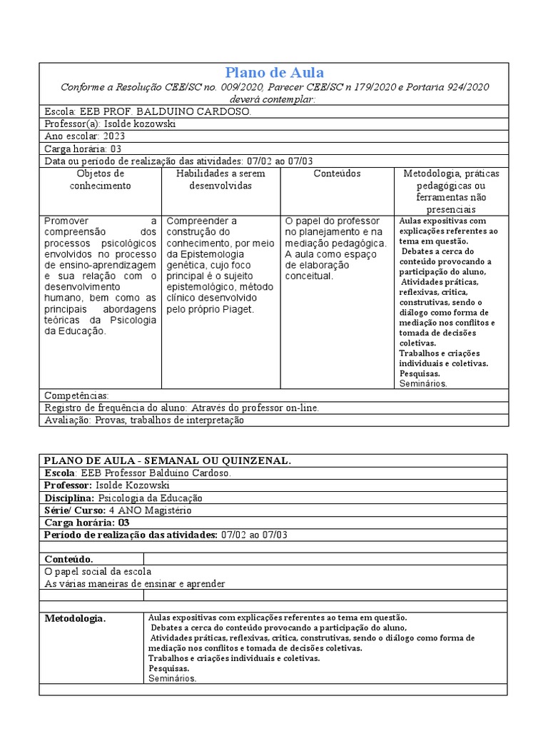 Plano de Aula Mensal. | PDF | Pedagogia | Psicologia