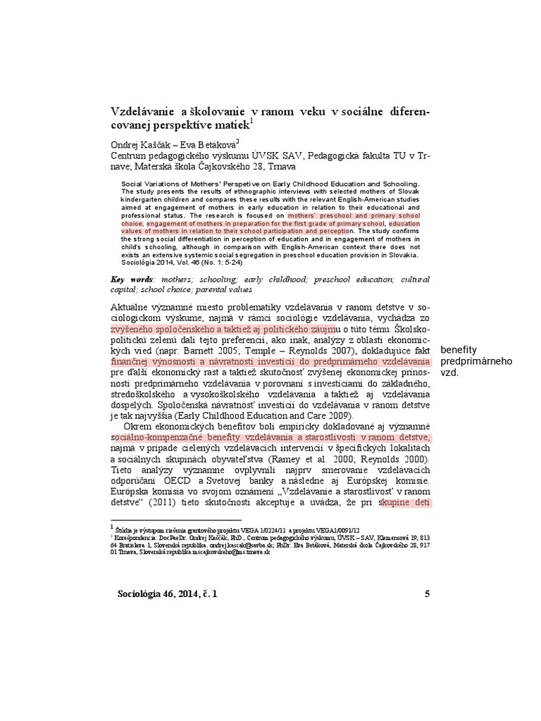 Vzdelávanie A Školovanie V Ranom Veku V Sociálne Diferen-Covanej Perspektíve Matiek | PDF