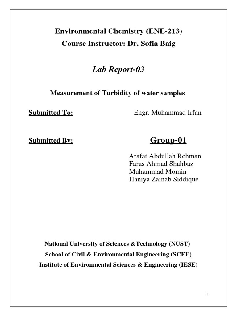 Lab Report 03 Turbidity Group 01 | PDF | Water Management | Water Pollution