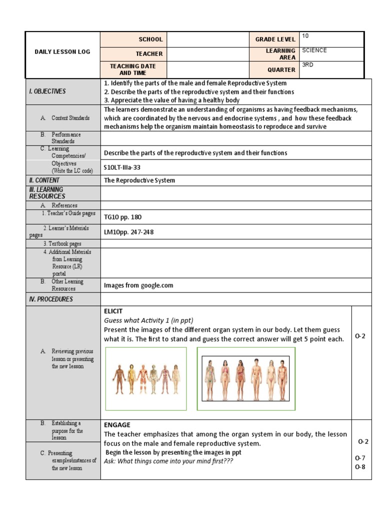 Reproductive System Lesson Plan for Grade 10 | PDF | Learning | Teachers