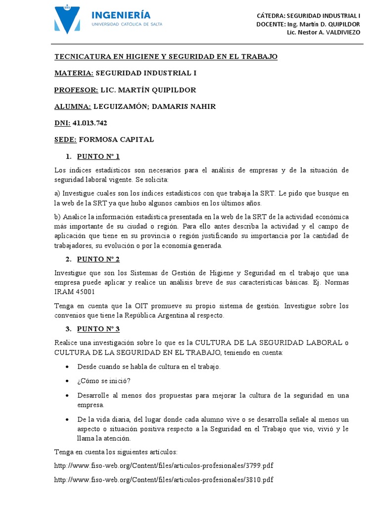Trabajo Práctico #2 Seg. Industrial | PDF | Seguridad y salud ...