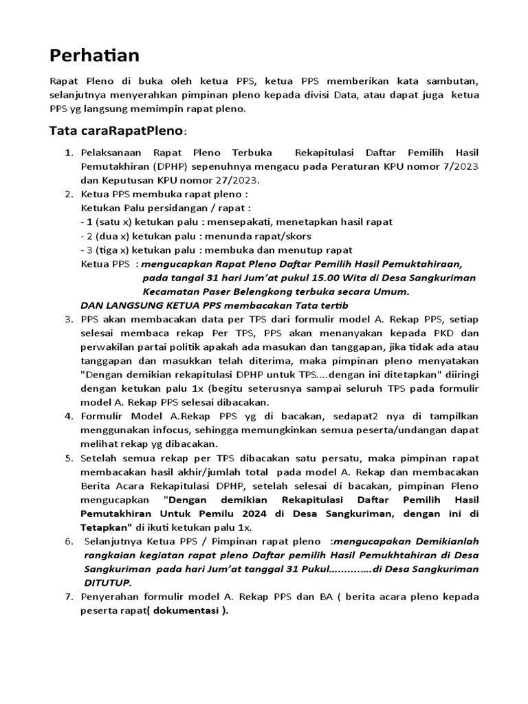 Tata Cara Rapat Pleno DPHP 2024 | PDF | Politik