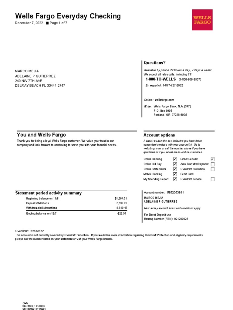 Wells Fargo Everyday Checking | PDF | Cheque | Overdraft