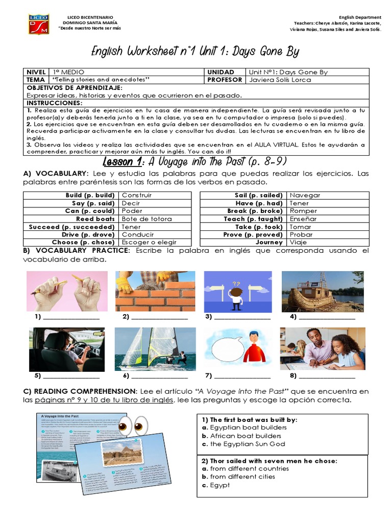 Worksheet N°1 Unit 1 Days Gone by 1°medio | PDF | Lingüística