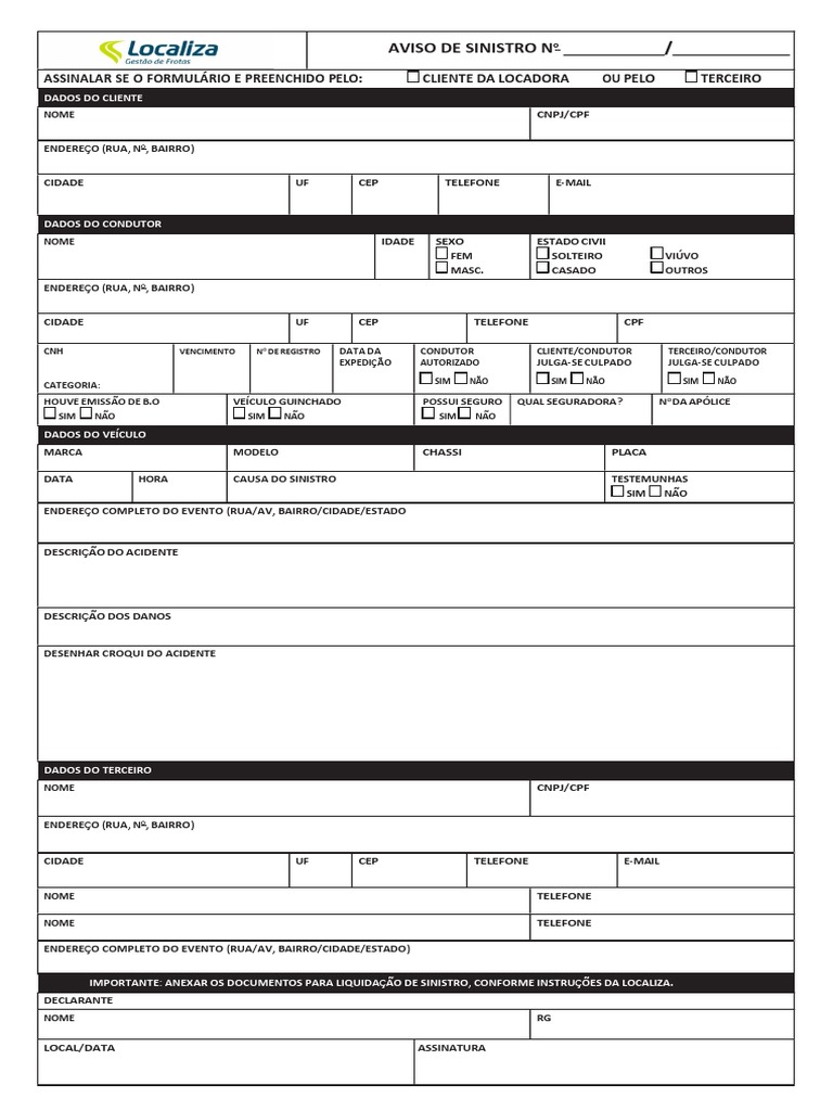 Aviso Sinistro Localiza | PDF