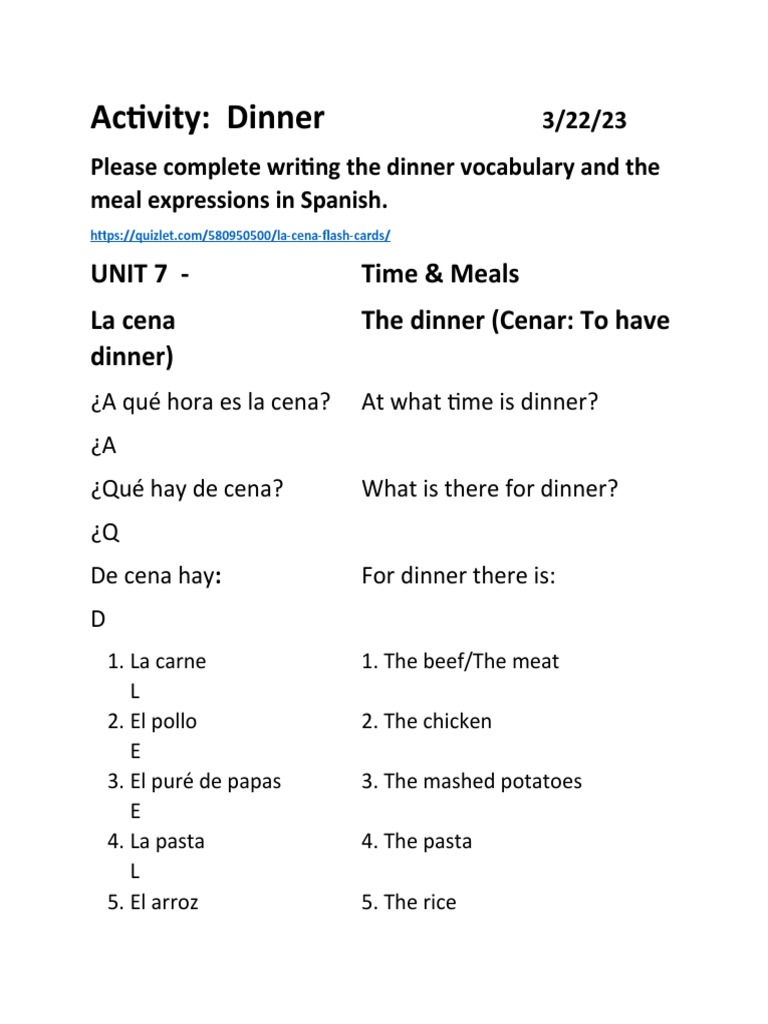 Dinner Vocabulary and Expressions | PDF