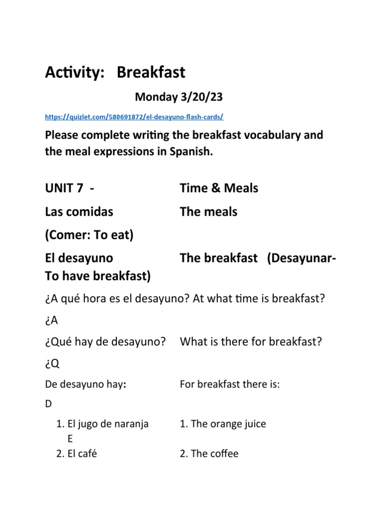 Activity - Breakfast in Spanish | PDF