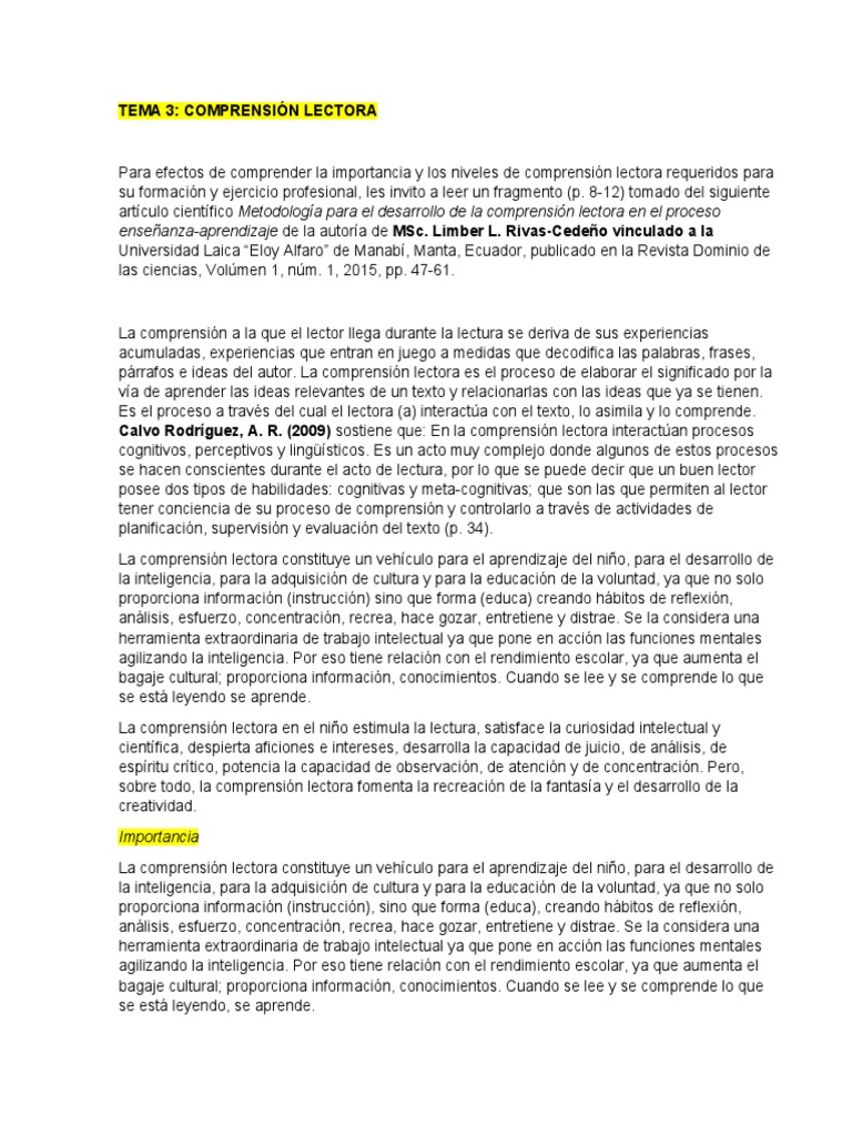 Comprensión lectora: proceso, niveles y factores | PDF | Comprensión ...