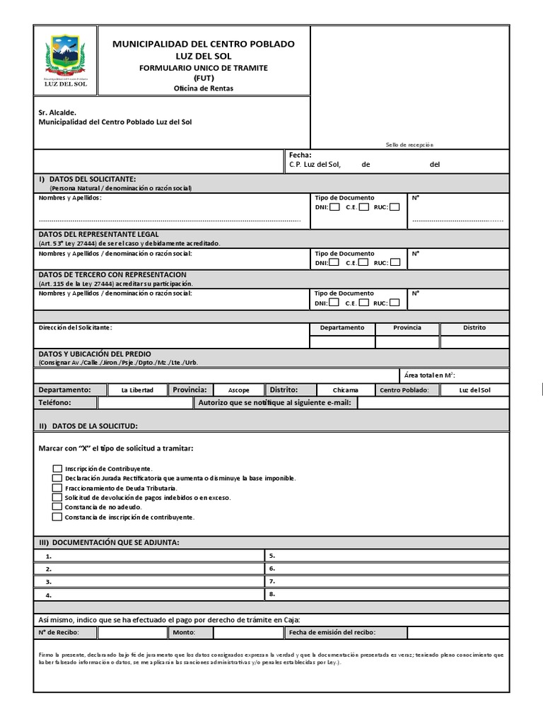 Municipalidad Del Centro Poblado Luz Del Sol: Formulario Unico de Tramite (FUT) | PDF
