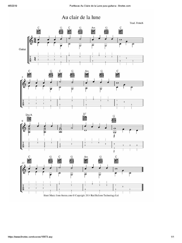 Partituras Au Claire de La Lune para Guitarra | PDF