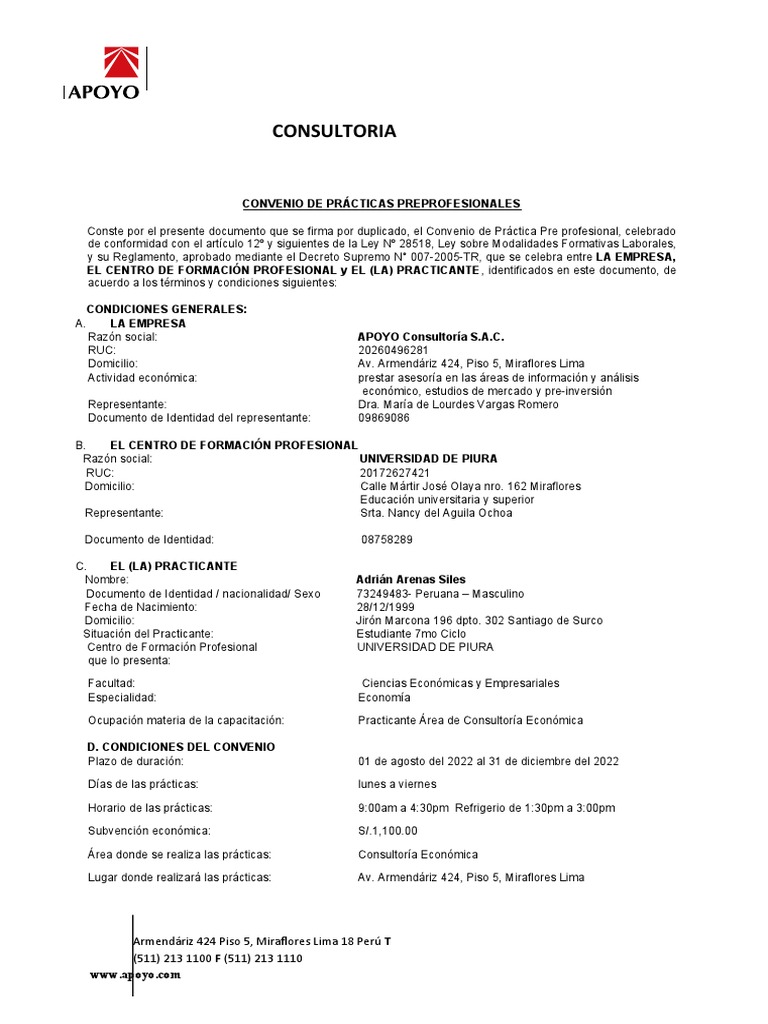 Convenio de Practicas Adrian Arenas Siles | PDF