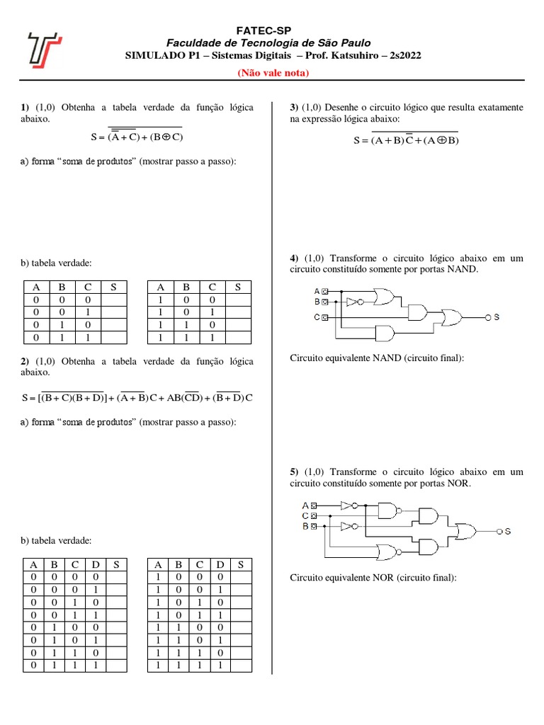 SIMULADO P1-SIST DIG (2s2022) | PDF | Design eletrônico | Circuitos eletrônicos