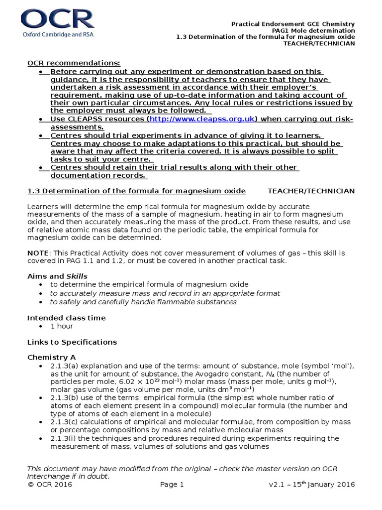 Chemistry PAG 1 3 Teacher v2 1 | PDF | Mole (Unit) | Molecules
