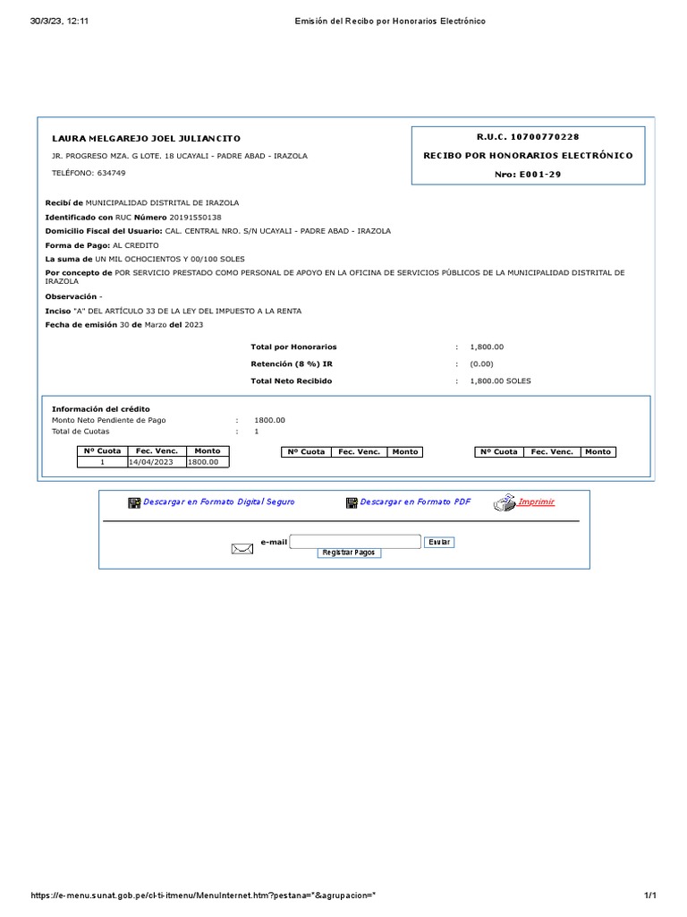 Laura Melgarejo Joel Juliancito R.U.C. 10700770228 Recibo Por Honorarios Electrónico Nro: E001 ...
