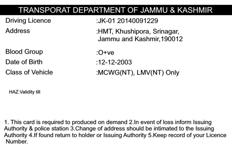 Driving Licence Address:JK-01 20140091229:HMT, Khushipora, Srinagar ...