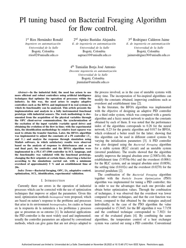 Pi Tuning Based On Bacterial Foraging Algorithm For Flow Control Pdf Control Theory