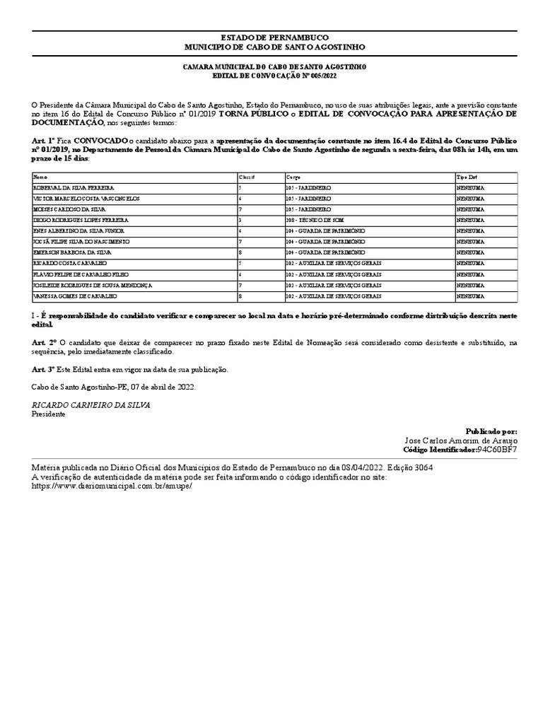 EDITAL DE CONVOCACAO No 005-2022 | PDF EDITAL DE CONVOCACAO No 005-2022 | PDF