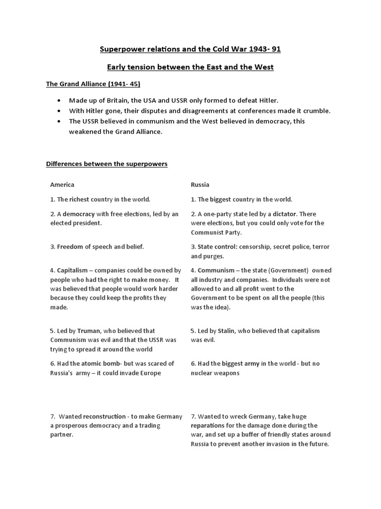 Superpower Relations and The Cold War 1943-91 Early Tension Between The ...
