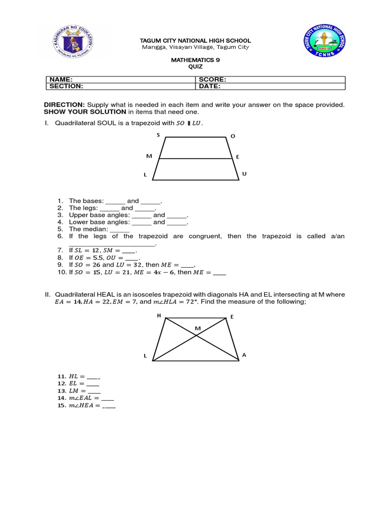 Mathematics 9 Quiz on Properties of Trapezoids | PDF