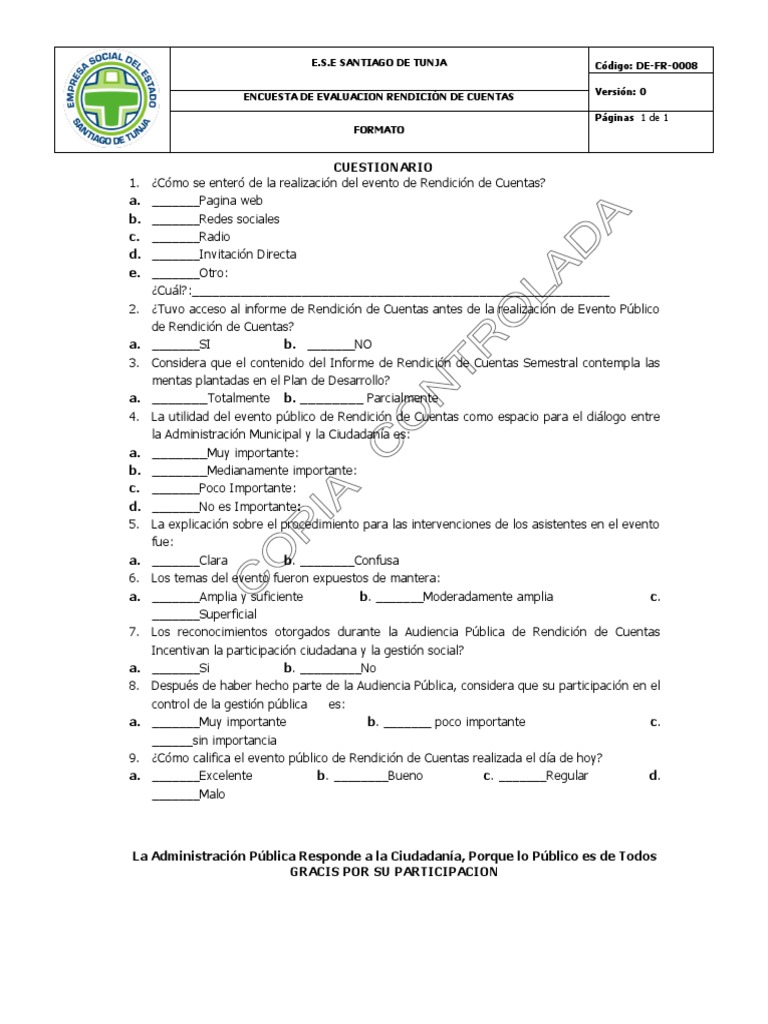 De-Fr-0008 Encuesta de Evaluacion de Rendicion de Cuentas | PDF