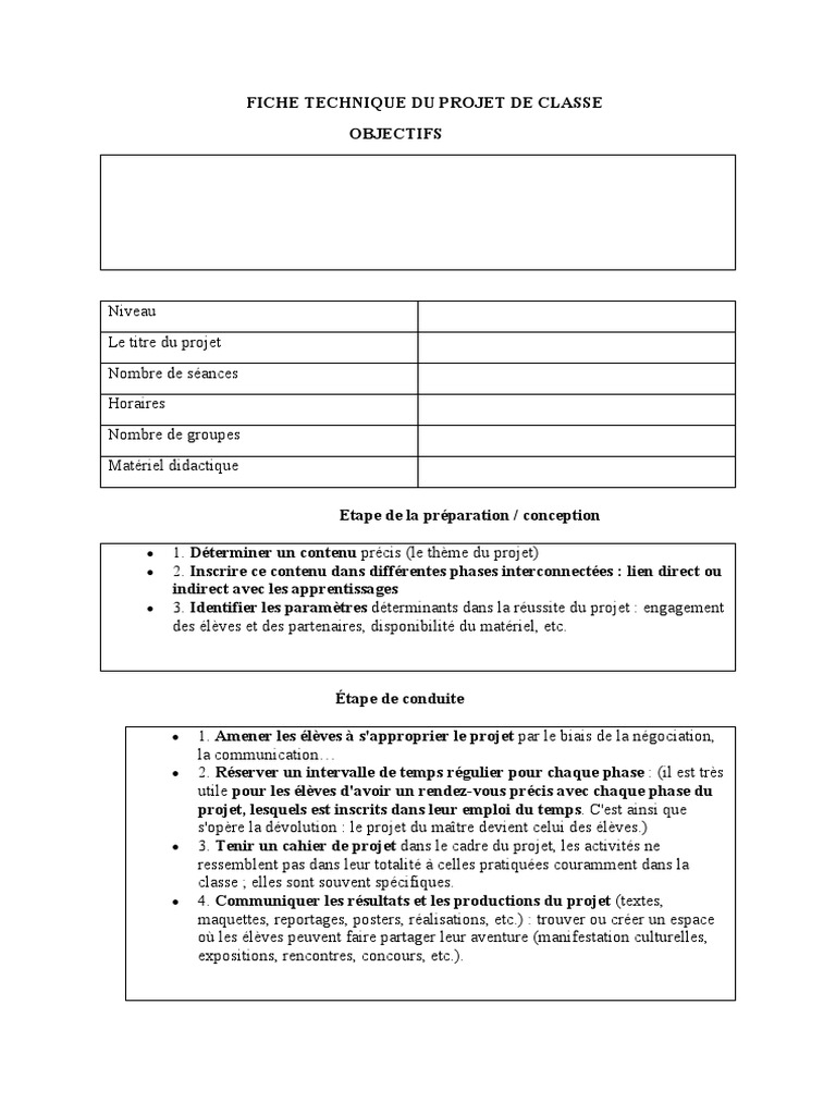 Fiche Technique pour Projet de Classe | PDF | Art