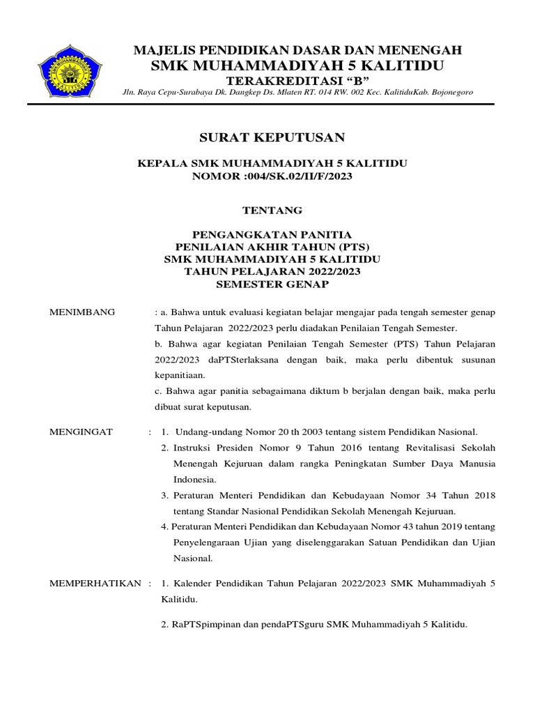 SK Pengangkatan Panitia PTS Genap X 2023 | PDF