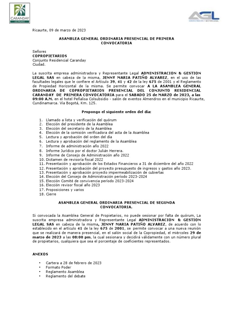 Asamblea General Ordinaria de Copropietarios Caranday | PDF | Condominio | Justicia