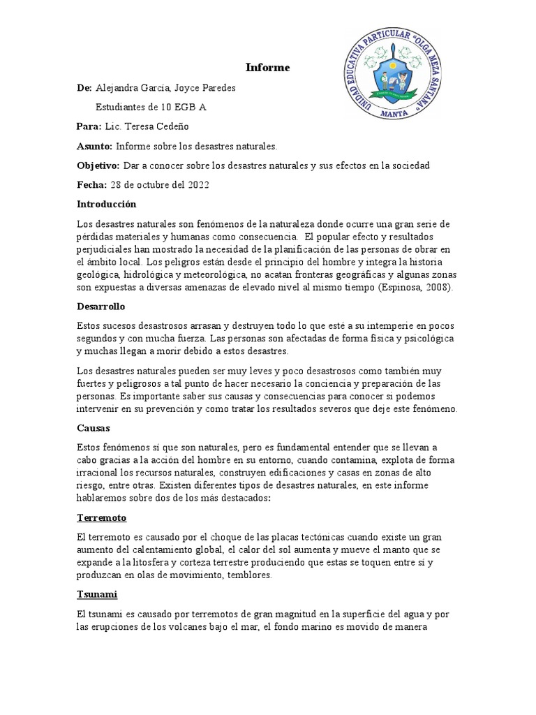 Informe | PDF | Desastres naturales | Temblores