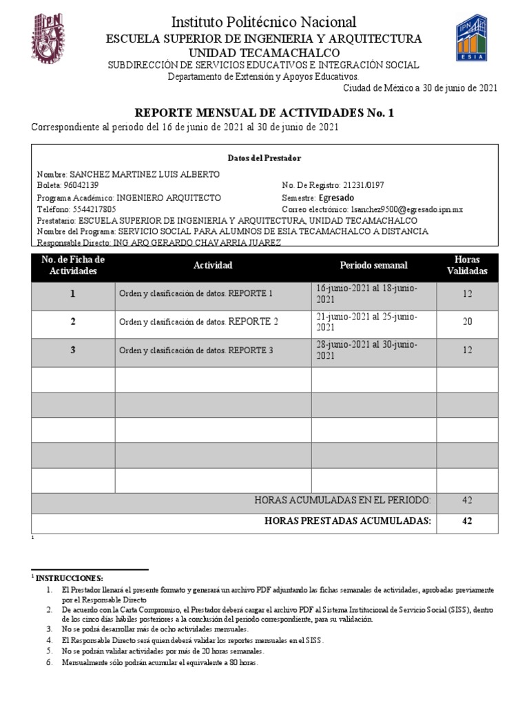 (MODALIDAD DISTANCIA) REPORTE MENSUAL DE ACTIVIDADES 1 Servicio Social ...