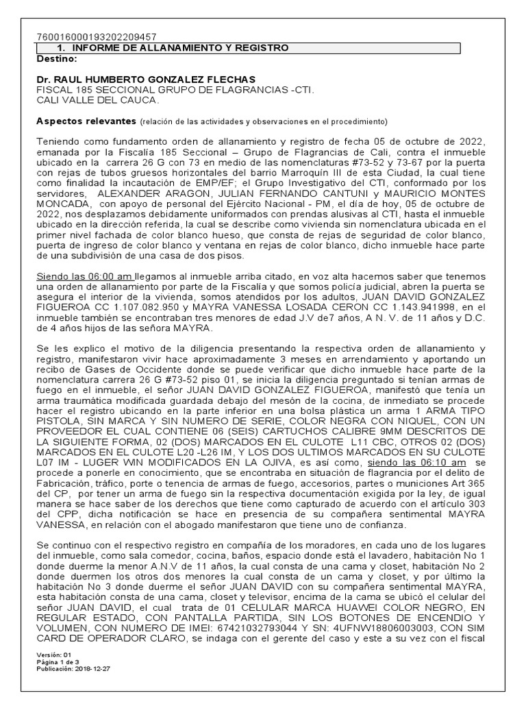 Informe de Allanamiento Y Registro Destino: Dr. Raul Humberto Gonzalez Flechas | PDF | Equipo ...