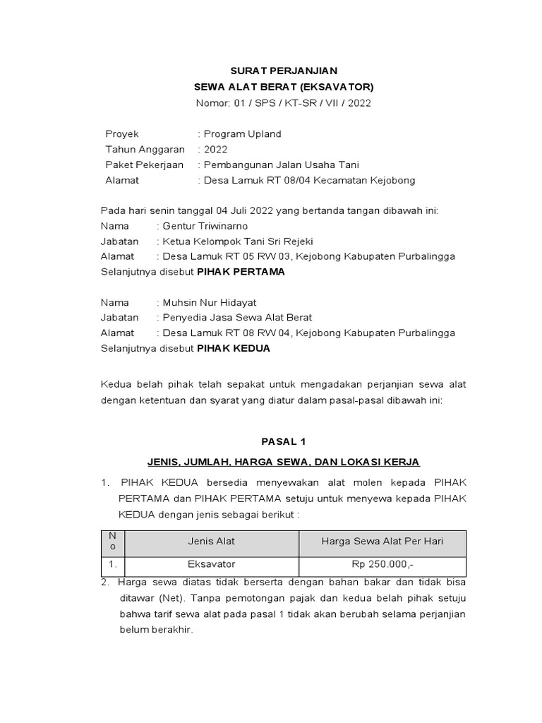 Surat Perjanjian Sewa Alat Berat - 105728 | PDF
